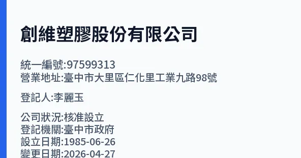 創維塑膠股份有限公司的照片-統編 97599313(臺中市) 公司登記資料與營業項目詳細圖表