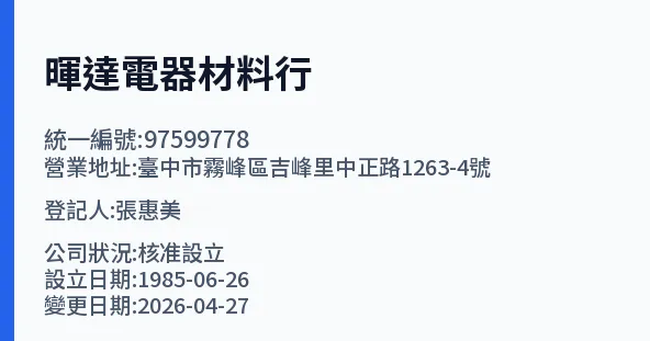 暉達電器材料行的照片-統編 97599778(臺中市) 公司登記資料與營業項目詳細圖表