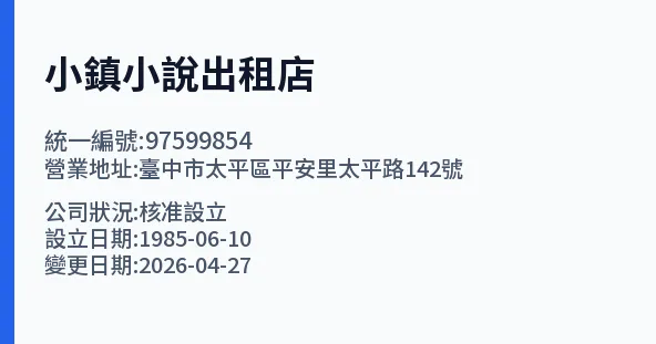小鎮小說出租店的照片-統編 97599854(臺中市) 公司登記資料與營業項目詳細圖表