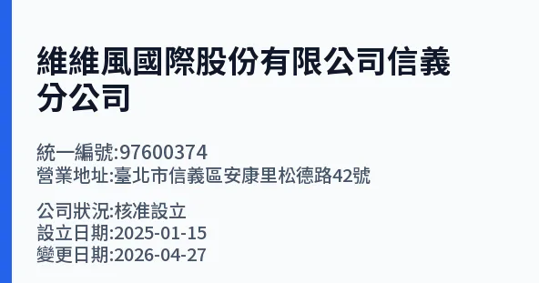 維維風國際股份有限公司信義分公司的照片-統編 97600374(臺北市) 公司登記資料與營業項目詳細圖表