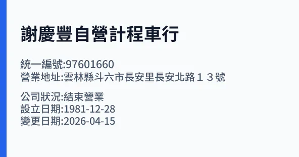 謝慶豐自營計程車行的照片-統編 97601660(雲林縣) 公司登記資料與營業項目詳細圖表