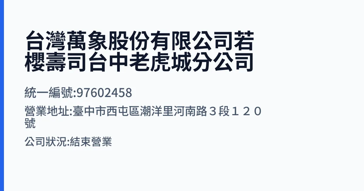 台灣萬象股份有限公司若櫻壽司台中老虎城分公司 - 統編 97602458(臺中市) 公司登記資料與營業項目詳細圖表