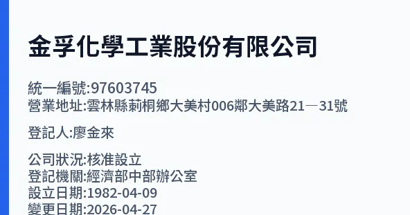 金孚化學工業股份有限公司的照片-統編 97603745(雲林縣) 公司登記資料與營業項目詳細圖表