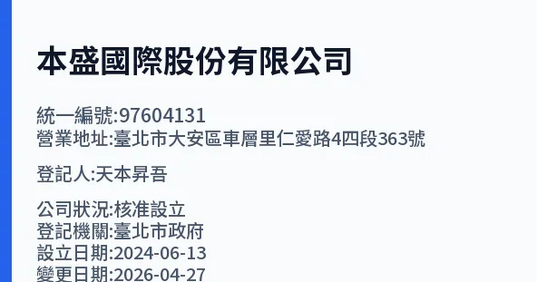 本盛國際股份有限公司的照片-統編 97604131(臺北市) 公司登記資料與營業項目詳細圖表
