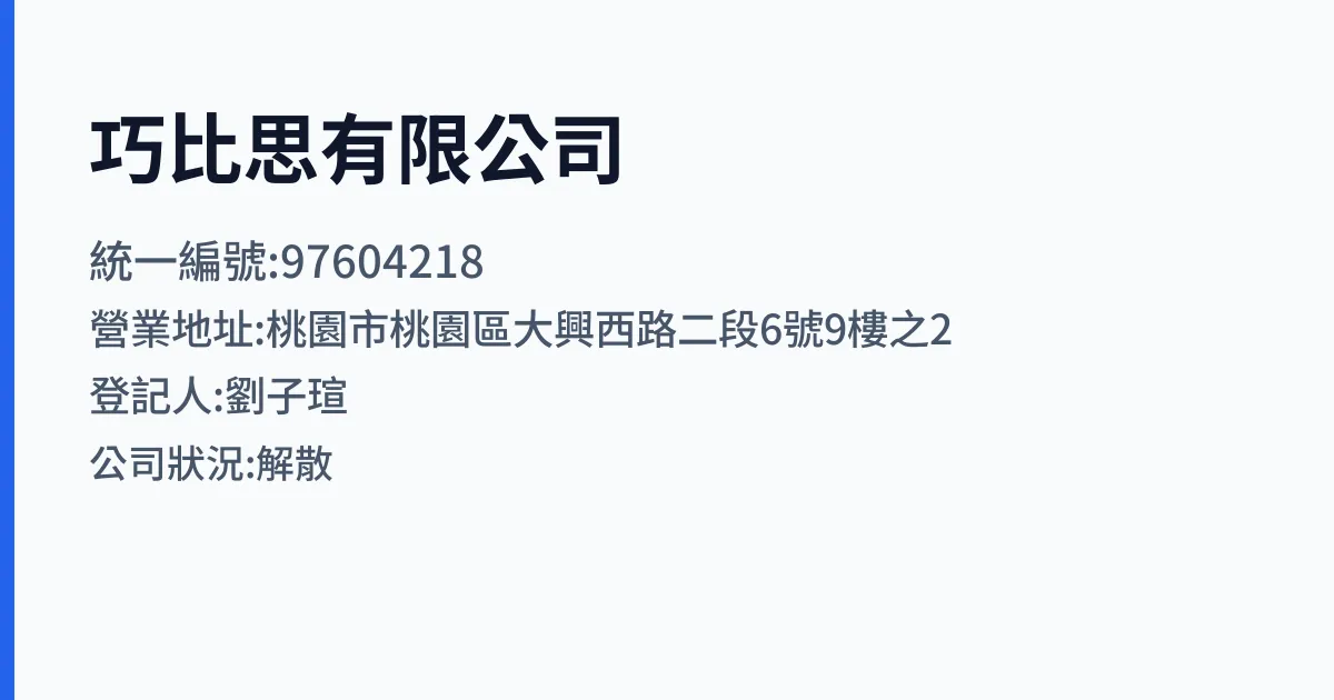 巧比思有限公司 - 統編 97604218(桃園市) 公司登記資料與營業項目詳細圖表