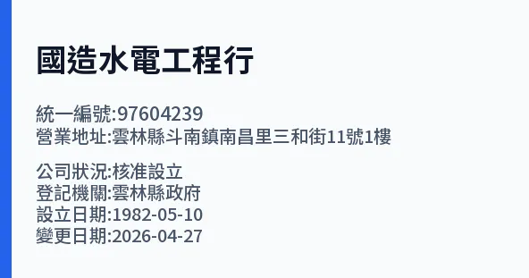 國造水電工程行的照片-統編 97604239(雲林縣) 公司登記資料與營業項目詳細圖表