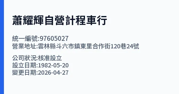 蕭耀輝自營計程車行的照片-統編 97605027(雲林縣) 公司登記資料與營業項目詳細圖表