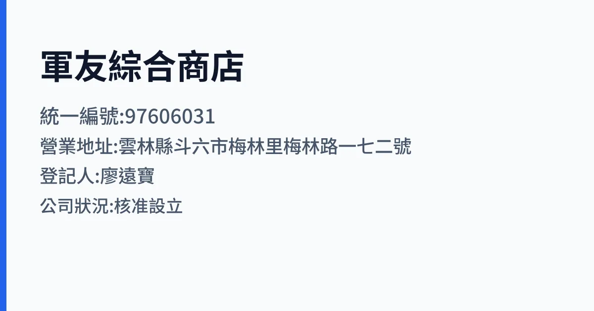 軍友綜合商店 - 統編 97606031(雲林縣) 公司登記資料與營業項目詳細圖表
