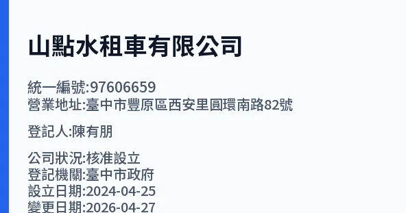 山點水租車有限公司的照片-統編 97606659(臺中市) 公司登記資料與營業項目詳細圖表