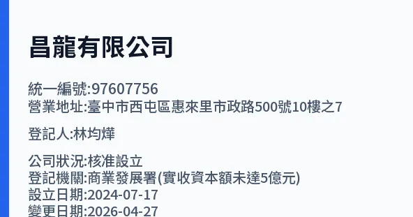 昌龍有限公司的照片-統編 97607756(臺中市) 公司登記資料與營業項目詳細圖表