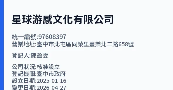 星球游感文化有限公司的照片-統編 97608397(臺中市) 公司登記資料與營業項目詳細圖表