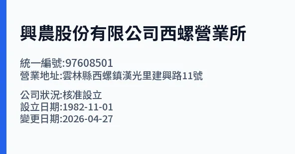 興農股份有限公司西螺營業所的照片-統編 97608501(雲林縣) 公司登記資料與營業項目詳細圖表