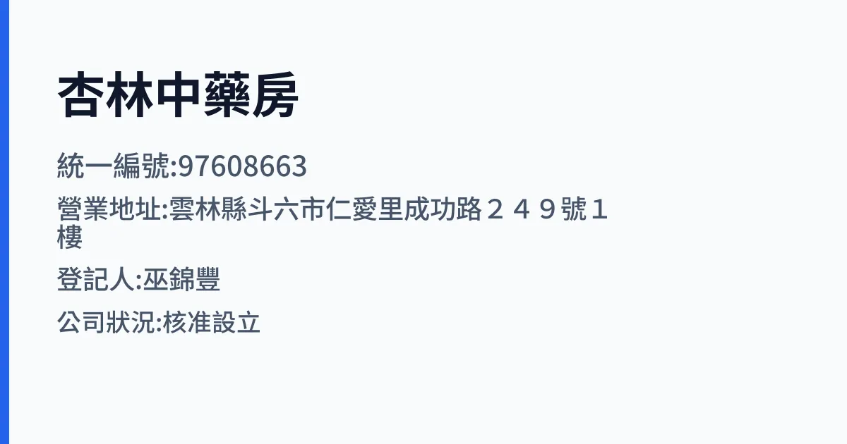 杏林中藥房 - 統編 97608663(雲林縣) 公司登記資料與營業項目詳細圖表