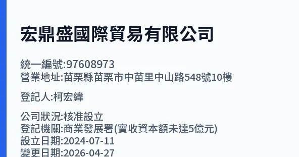 宏鼎盛國際貿易有限公司的照片-統編 97608973(苗栗縣) 公司登記資料與營業項目詳細圖表