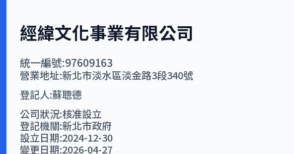 經緯文化事業有限公司的照片-統編 97609163(新北市) 公司登記資料與營業項目詳細圖表