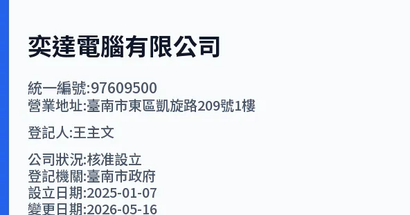 奕達電腦有限公司的照片-統編 97609500(臺南市) 公司登記資料與營業項目詳細圖表
