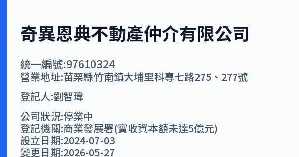 奇異恩典不動產仲介有限公司的照片-統編 97610324(苗栗縣) 公司登記資料與營業項目詳細圖表