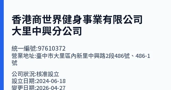 香港商世界健身事業有限公司大里中興分公司的照片-統編 97610372(臺中市) 公司登記資料與營業項目詳細圖表
