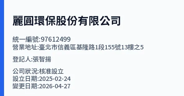 麗圓環保股份有限公司的照片-統編 97612499(臺北市) 公司登記資料與營業項目詳細圖表