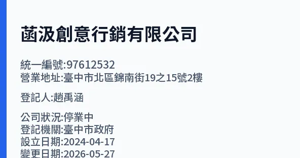 菡汲創意行銷有限公司的照片-統編 97612532(臺中市) 公司登記資料與營業項目詳細圖表