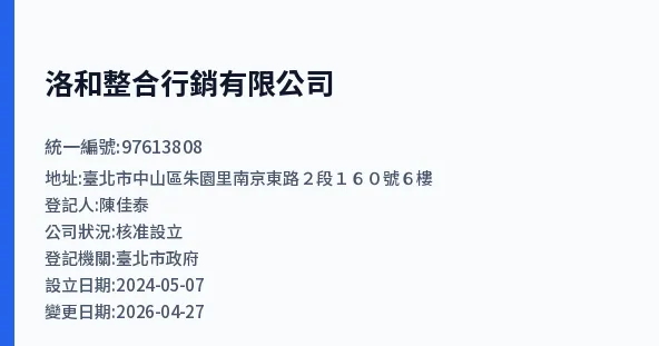 洛和整合行銷有限公司的照片-統編 97613808(臺北市) 公司登記資料與營業項目詳細圖表