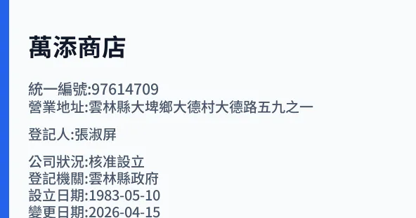 萬添商店的照片-統編 97614709(雲林縣) 公司登記資料與營業項目詳細圖表