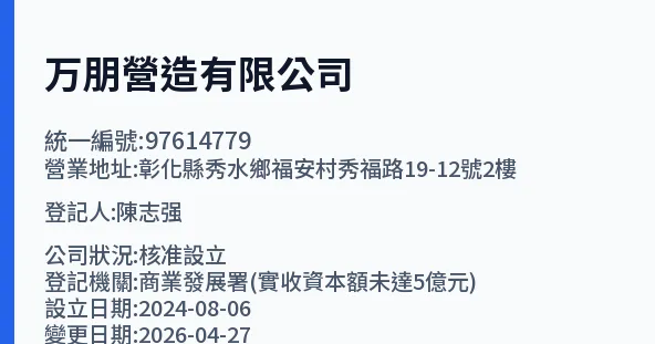 万朋營造有限公司的照片-統編 97614779(彰化縣) 公司登記資料與營業項目詳細圖表