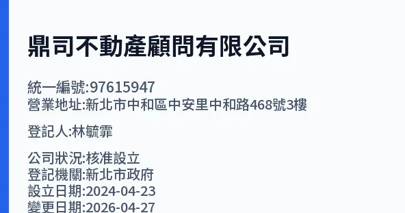 鼎司不動產顧問有限公司的照片-統編 97615947(新北市) 公司登記資料與營業項目詳細圖表