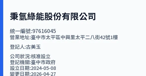秉氫綠能股份有限公司的照片-統編 97616045(臺中市) 公司登記資料與營業項目詳細圖表