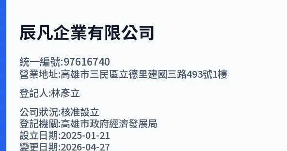 辰凡企業有限公司的照片-統編 97616740(高雄市) 公司登記資料與營業項目詳細圖表