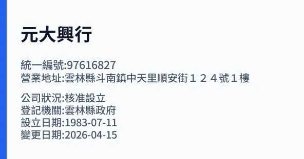 元大興行的照片-統編 97616827(雲林縣) 公司登記資料與營業項目詳細圖表