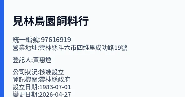 見林鳥園飼料行的照片-統編 97616919(雲林縣) 公司登記資料與營業項目詳細圖表