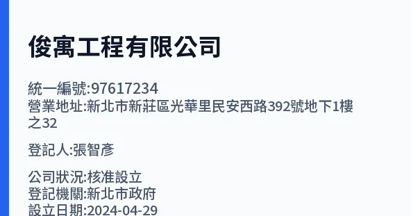 俊寓工程有限公司的照片-統編 97617234(新北市) 公司登記資料與營業項目詳細圖表