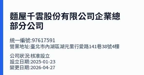 麵屋千雲股份有限公司企業總部分公司的照片-統編 97617591(臺北市) 公司登記資料與營業項目詳細圖表