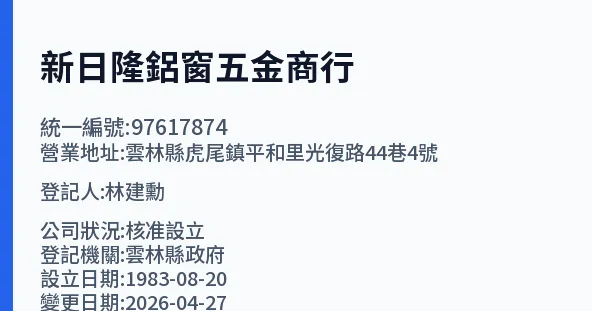 新日隆鋁窗五金商行的照片-統編 97617874(雲林縣) 公司登記資料與營業項目詳細圖表