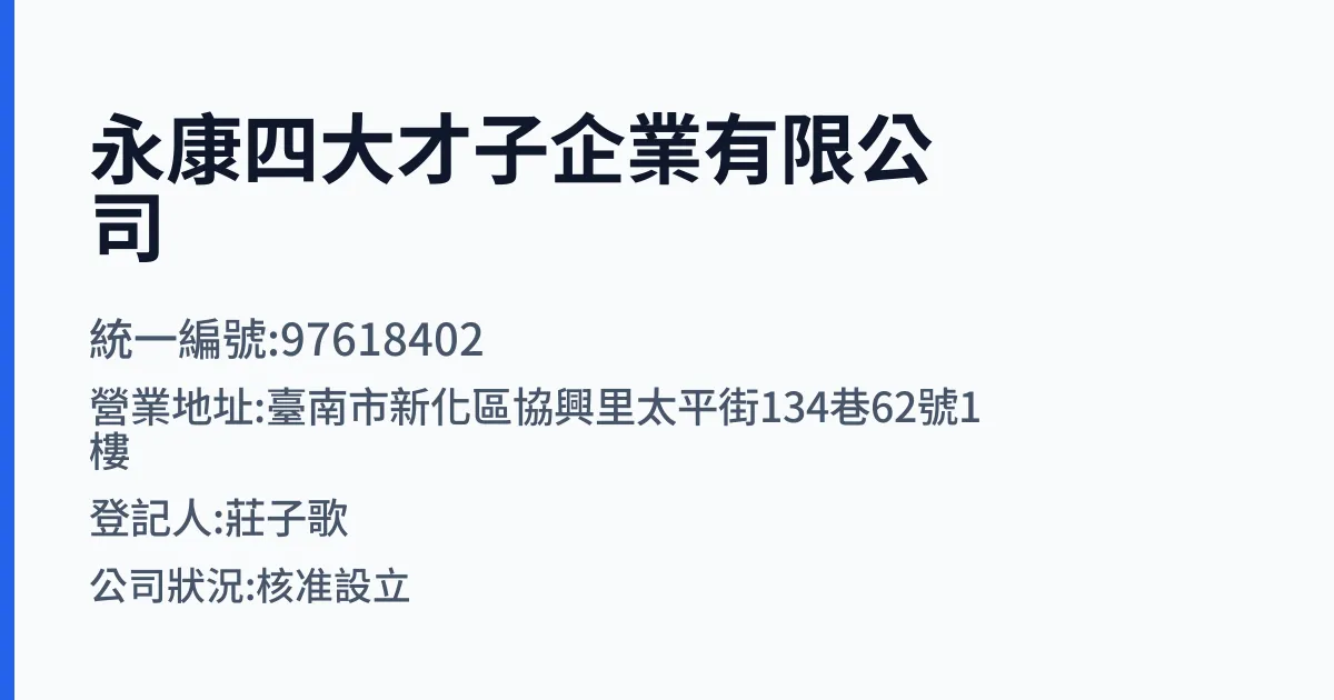 永康四大才子企業有限公司 - 統編 97618402(臺南市) 公司登記資料與營業項目詳細圖表