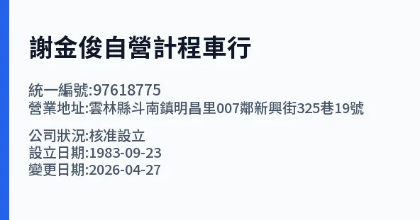 謝金俊自營計程車行的照片-統編 97618775(雲林縣) 公司登記資料與營業項目詳細圖表