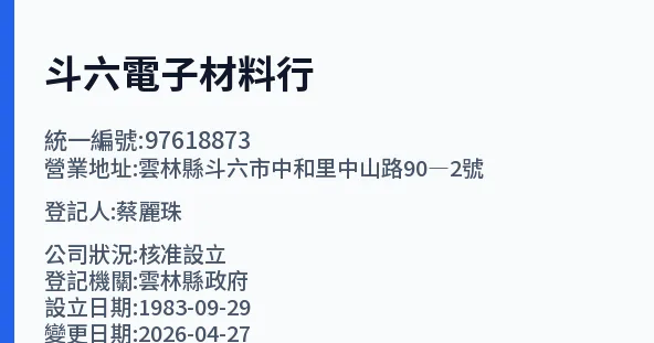斗六電子材料行的照片-統編 97618873(雲林縣) 公司登記資料與營業項目詳細圖表