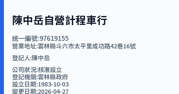 陳中岳自營計程車行的照片-統編 97619155(雲林縣) 公司登記資料與營業項目詳細圖表