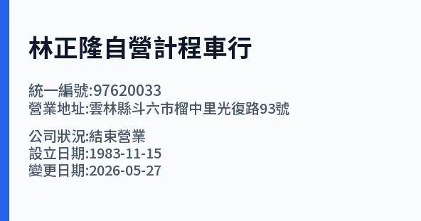 林正隆自營計程車行的照片-統編 97620033(雲林縣) 公司登記資料與營業項目詳細圖表