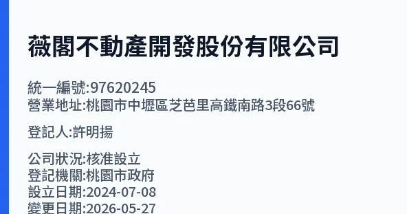 薇閣不動產開發股份有限公司的照片-統編 97620245(桃園市) 公司登記資料與營業項目詳細圖表