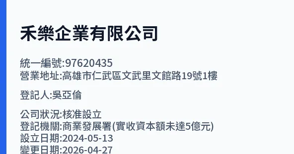 禾樂企業有限公司的照片-統編 97620435(高雄市) 公司登記資料與營業項目詳細圖表