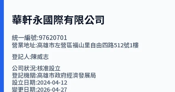 華軒永國際有限公司的照片-統編 97620701(高雄市) 公司登記資料與營業項目詳細圖表