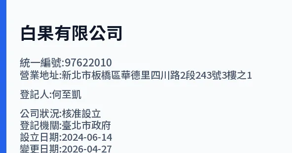 白果有限公司的照片-統編 97622010(新北市) 公司登記資料與營業項目詳細圖表