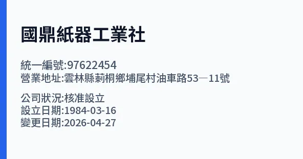 國鼎紙器工業社的照片-統編 97622454(雲林縣) 公司登記資料與營業項目詳細圖表