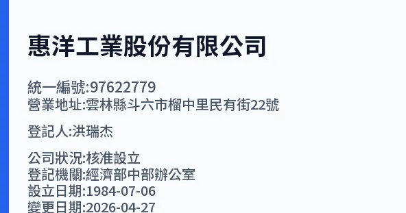 惠洋工業股份有限公司的照片-統編 97622779(雲林縣) 公司登記資料與營業項目詳細圖表