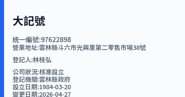 大記號的照片-統編 97622898(雲林縣) 公司登記資料與營業項目詳細圖表