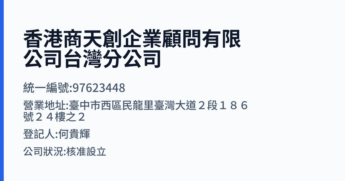 香港商天創企業顧問有限公司台灣分公司 - 統編 97623448(臺中市) 公司登記資料與營業項目詳細圖表