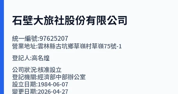 石壁大旅社股份有限公司的照片-統編 97625207(雲林縣) 公司登記資料與營業項目詳細圖表