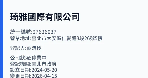 琦雅國際有限公司的照片-統編 97626037(臺北市) 公司登記資料與營業項目詳細圖表